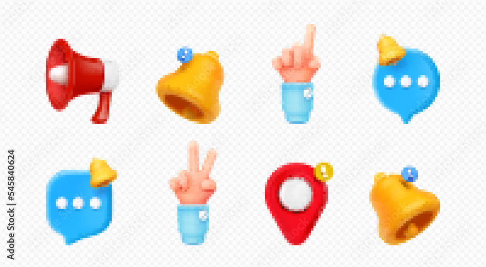 3d render notification and reminders social media icons. Bell, message ...