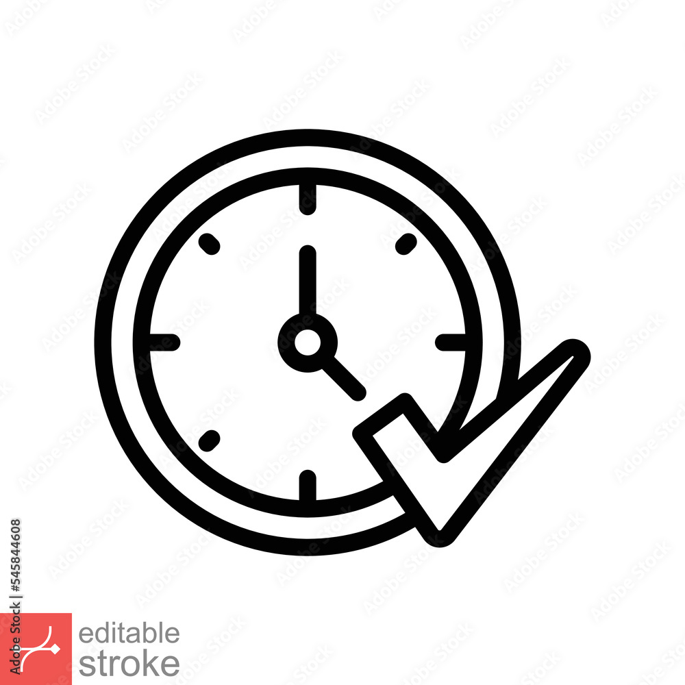 Check mark on clock icon. Simple outline style. Real time protection ...