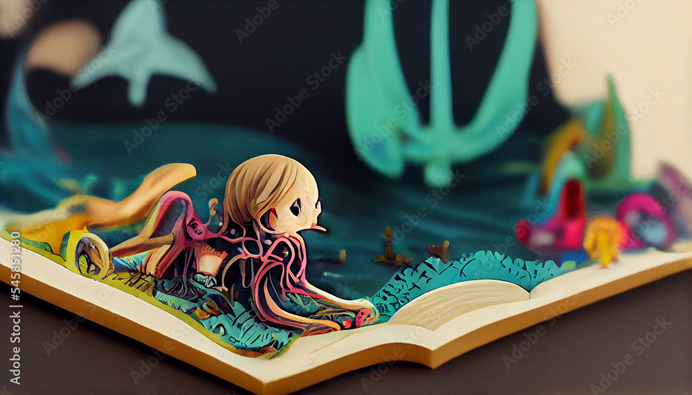 magic book with pictures of little girl and the ocean Stock ...