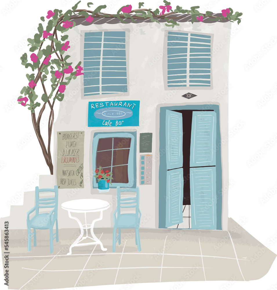 traditional Greek cafe, greek restaurant with table and chairs standing ...