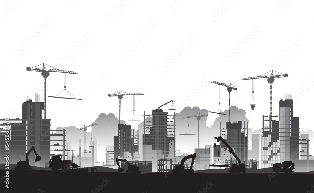 Silhouette Building construction site with cranes and skyscraper and ...