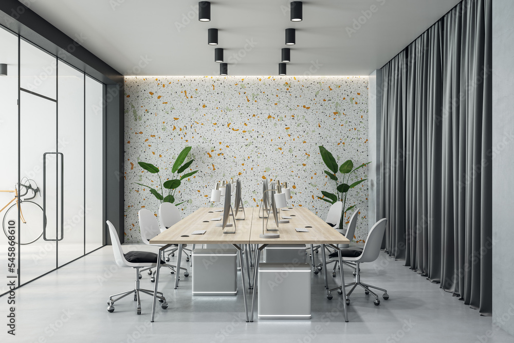 Side view on stylish conference room with wooden table, modern ...