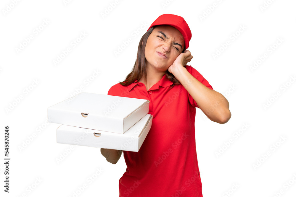 Pizza delivery caucasian woman with work uniform picking up pizza boxes ...