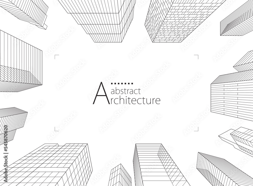 3D illustration, line drawing of an abstract modern urban landscape, imaginative architecture ...