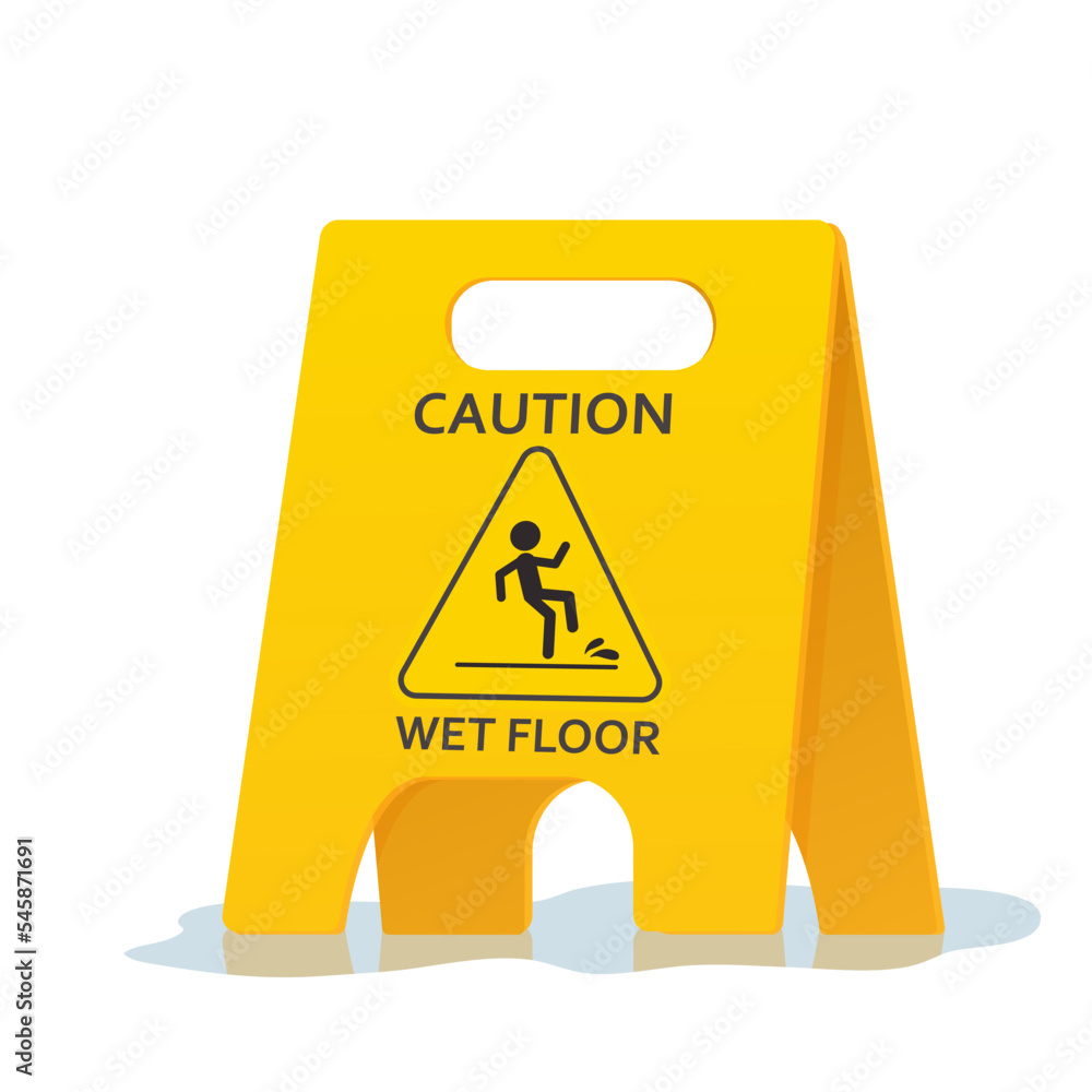 Wet floor caution warning sign, yellow symbol with water isolated on ...
