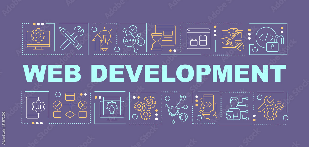 Web development word concepts dark blue banner. App production ...
