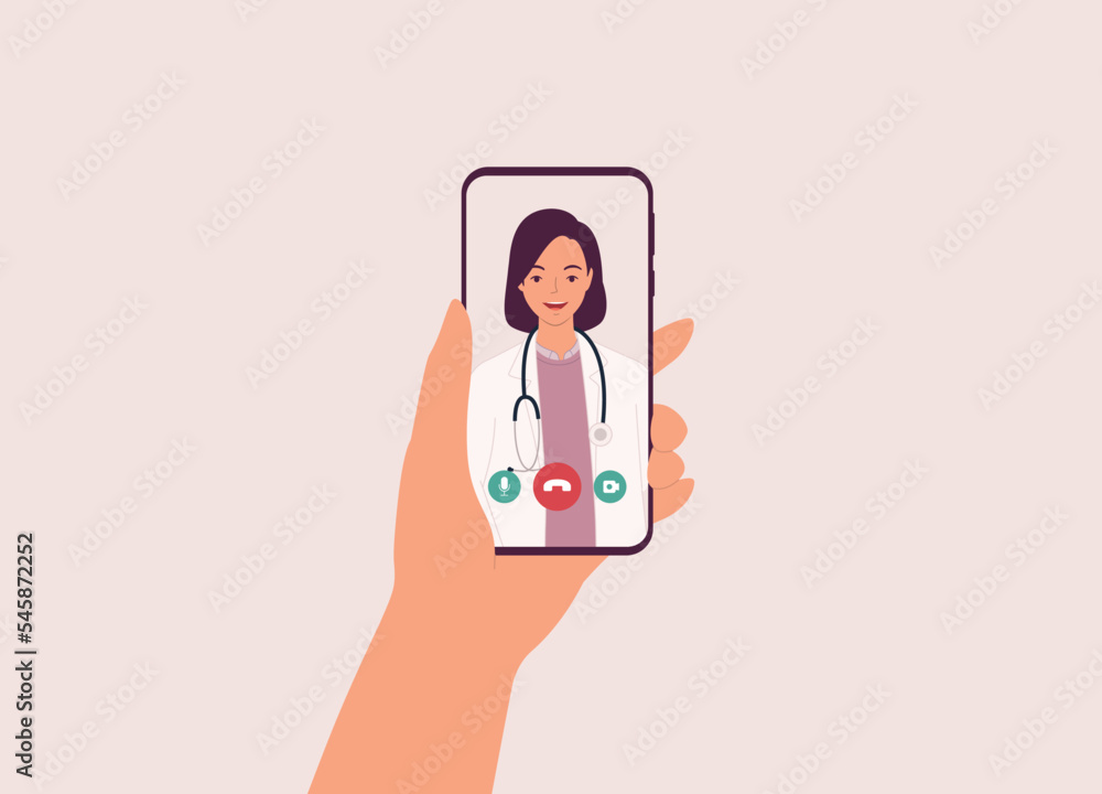 Patient’s Hand Holding Mobile Phone With Smiling Female Doctor On Video ...