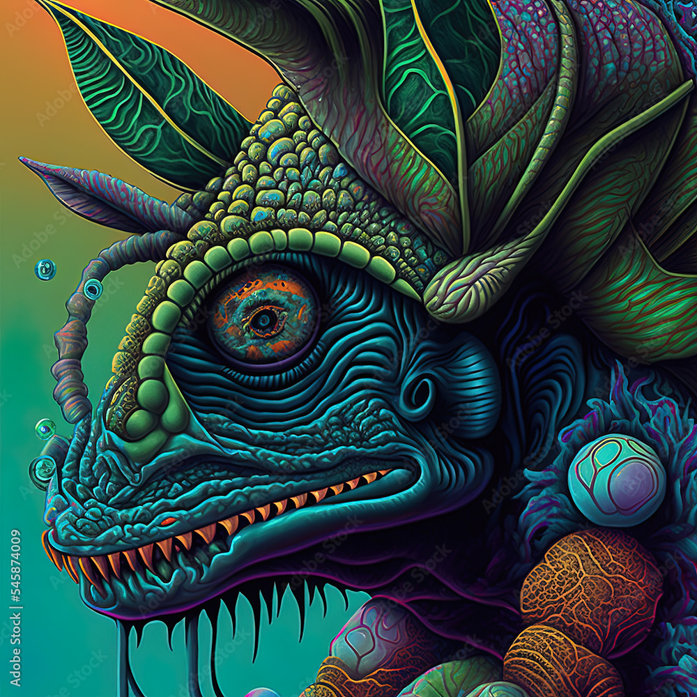 dragon head, fantasy animal in green and teal colors, non existing ...