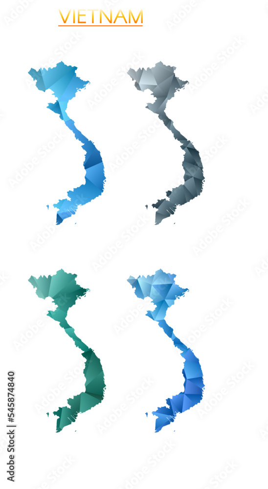 Set of vector polygonal maps of Vietnam. Bright gradient map of country in low poly style ...