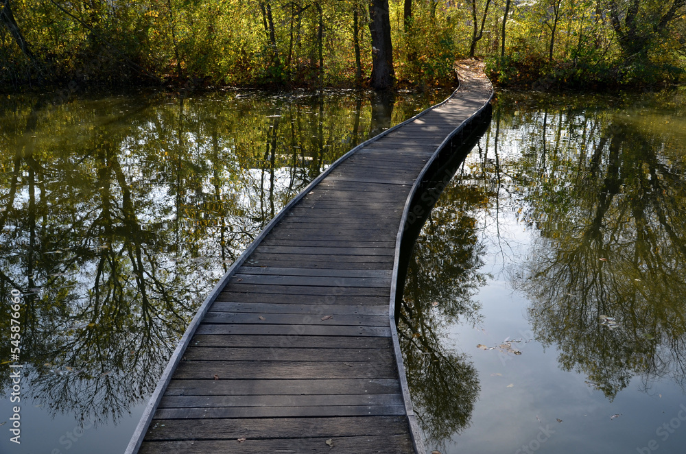 Fotka „floating walkway made of wooden planks. narrow curved paths on ...