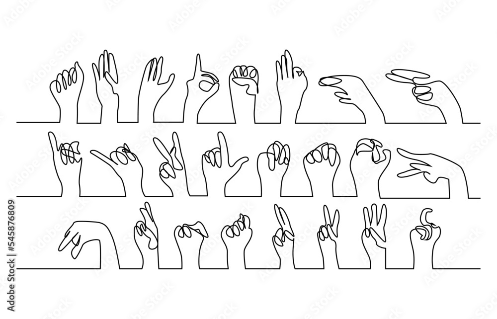 sign language alphabet with hands one line drawing set concept Stock ...