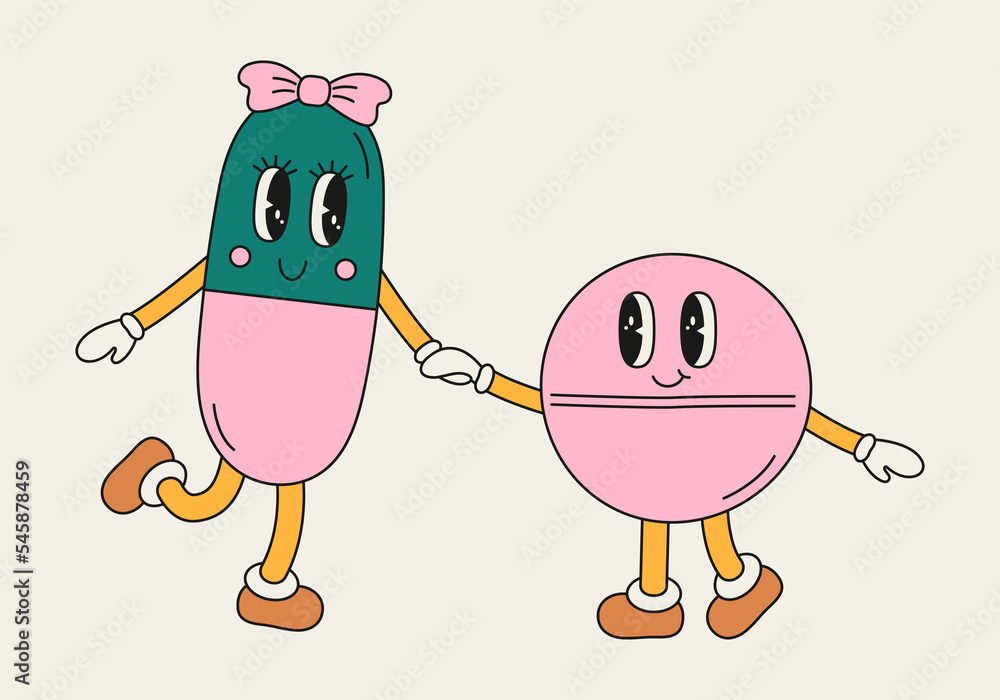 Funny couple of pills in cartoon groovy style. Cute medicament ...