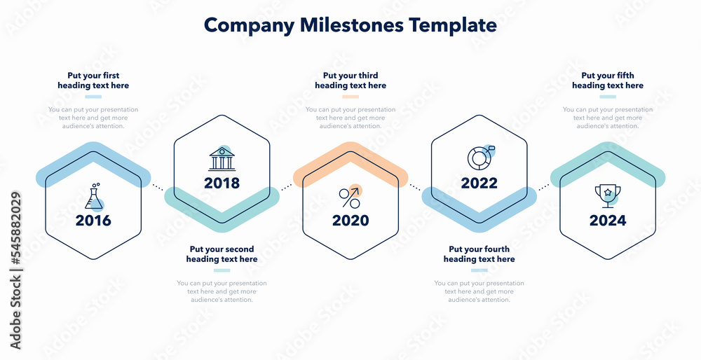 Company milestones template with five steps. Simple flat template for ...