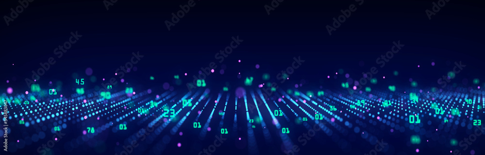 Futuristic perspective grid in digital cyberspace. Flow of binary code ...