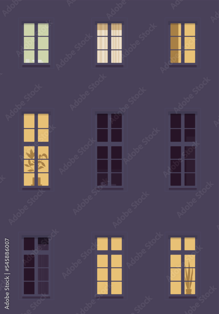 Night light cottage window texture, house facade. Grand mansion pattern ...