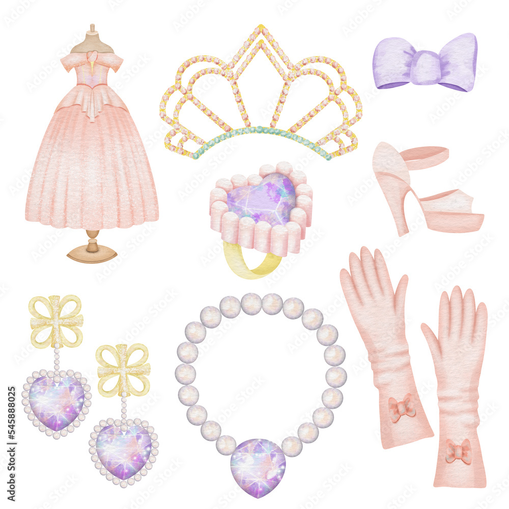 Set of watercolor princess elements, princess dress and accessories ...