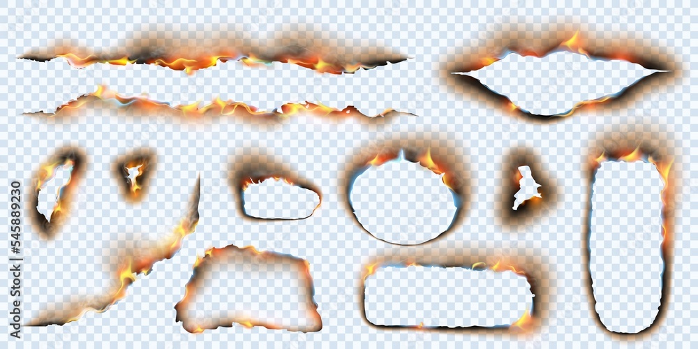 Burnt paper holes isolated set. realistic fire scorched and torn edges ...