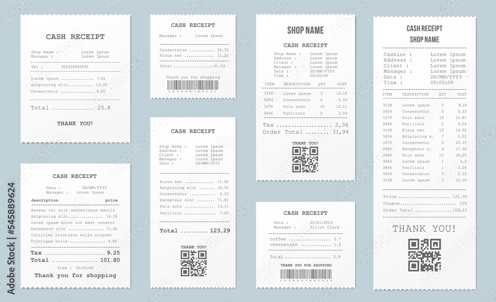 Realistic receipt. Restaurant bill, shop and supermarket paper receipts ...