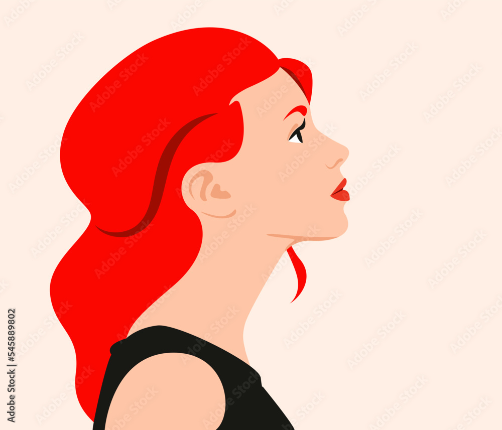 Beautiful red haired woman looking up, profile view for portrait and ...