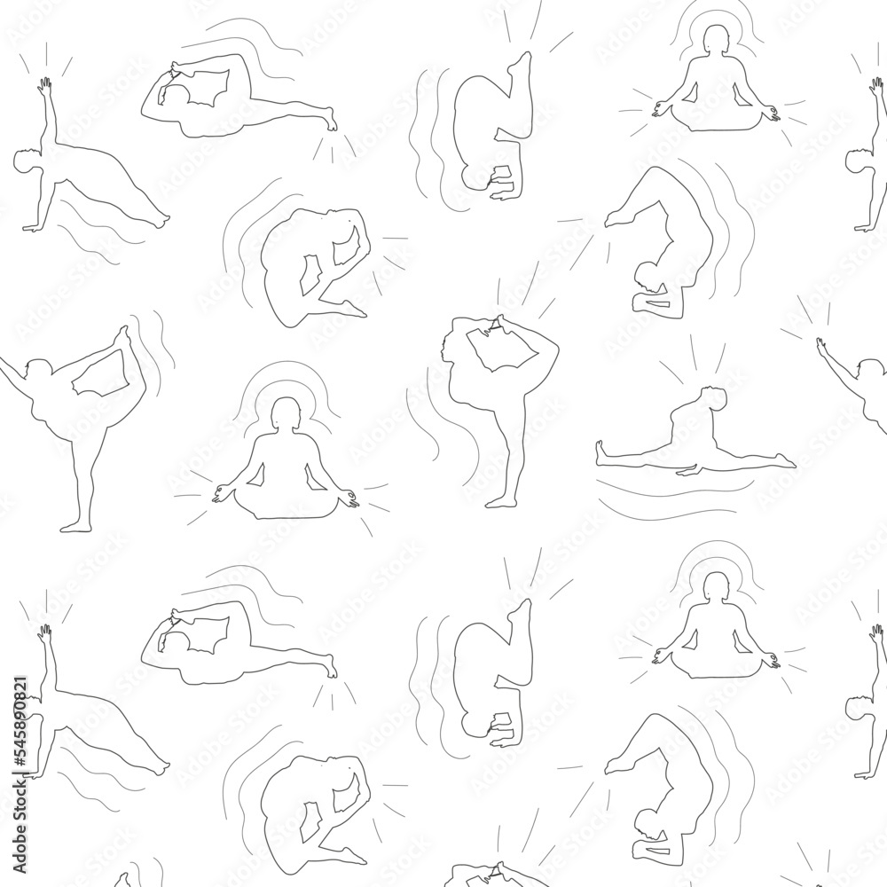 background with yoga asanas in black and white, doodle style Stock ...