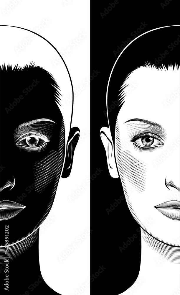 Mirror with a positive and negative reflection of a woman's face ...