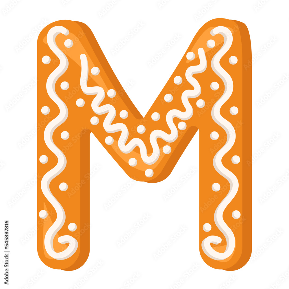 Letter M made from glazed gingerbread. Festive font, symbol of Happy ...