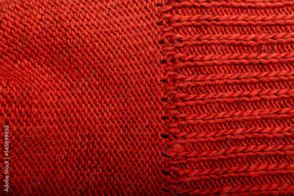 Knit red fabric texture, background or backdrop. Textile, scarf or ...