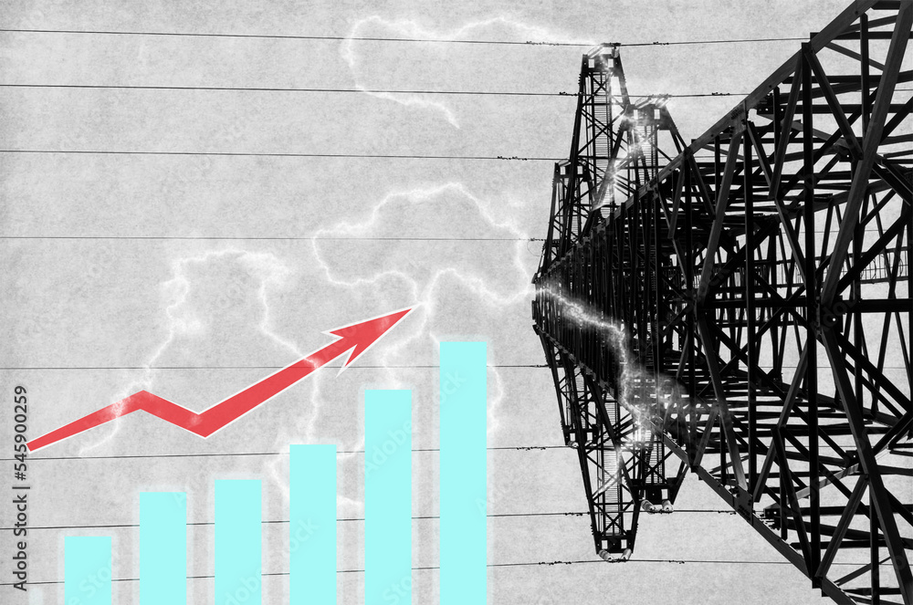 High voltage tower with electricity transmission power lines. Art ...