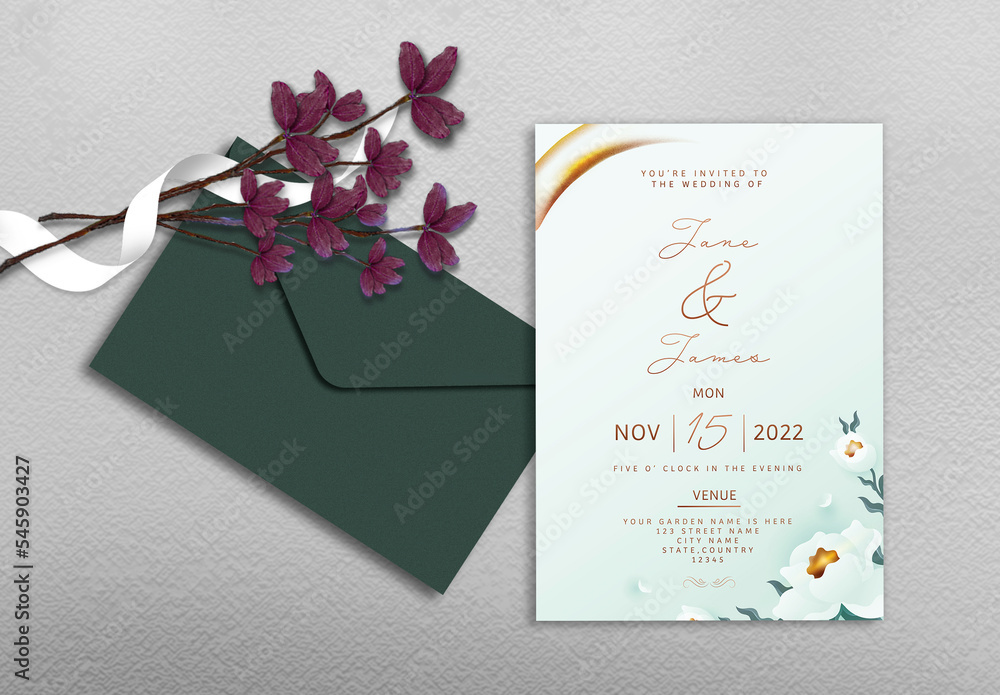 Floral wedding invitation card for publishing with green envelope and ...