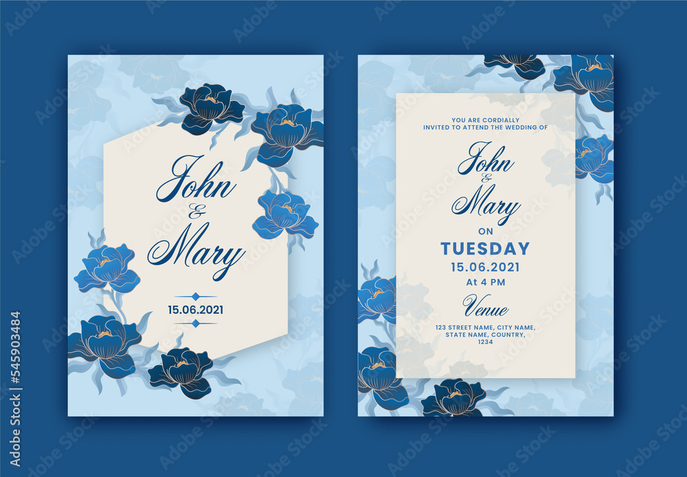 Elegant wedding menu card design, decorated with flowers on blue ...