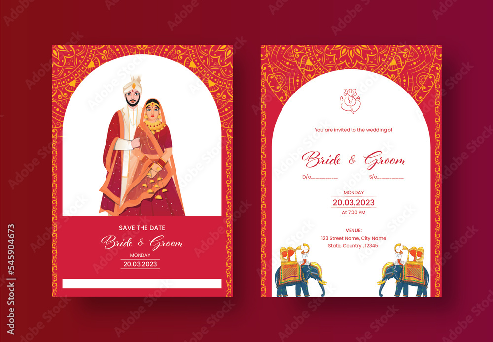 Pink and red, hindu wedding invitation card template with bride and ...