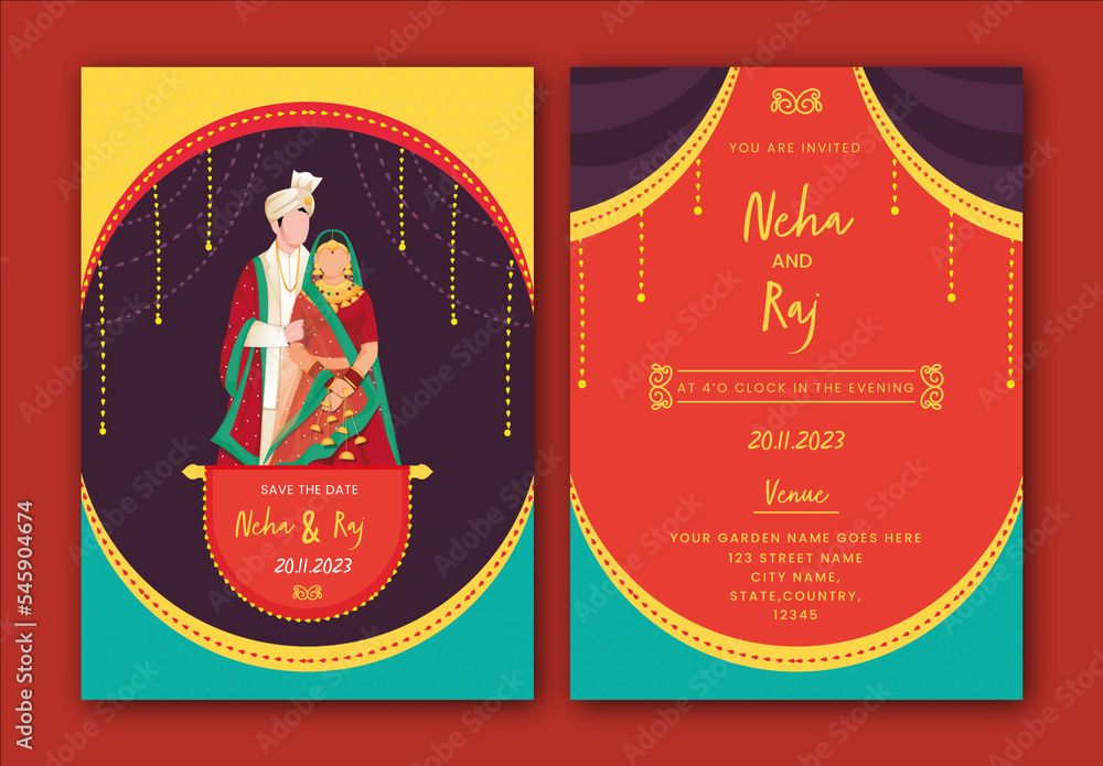 Colourful hindu wedding invitation card template with bride and groom ...