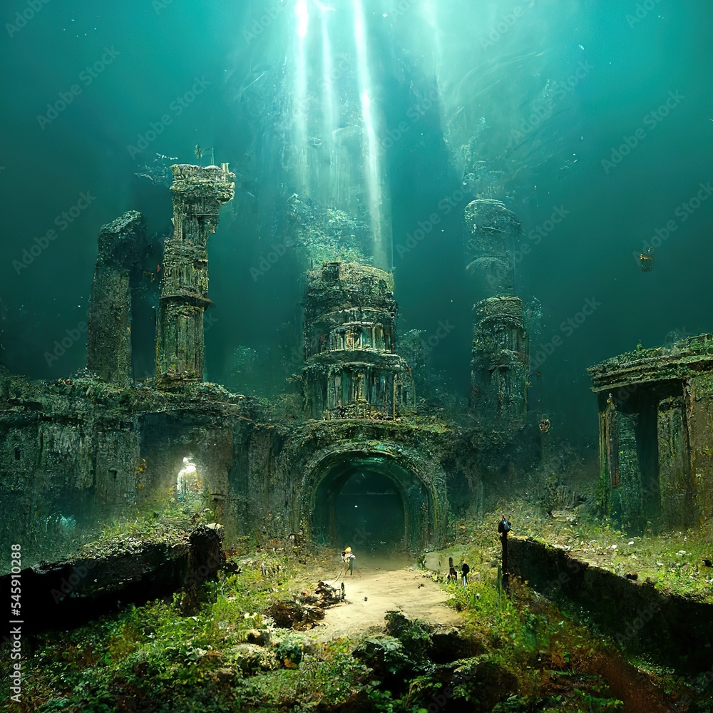 Old temple ruins with weathered columns on sea bottom. Destroyed ...