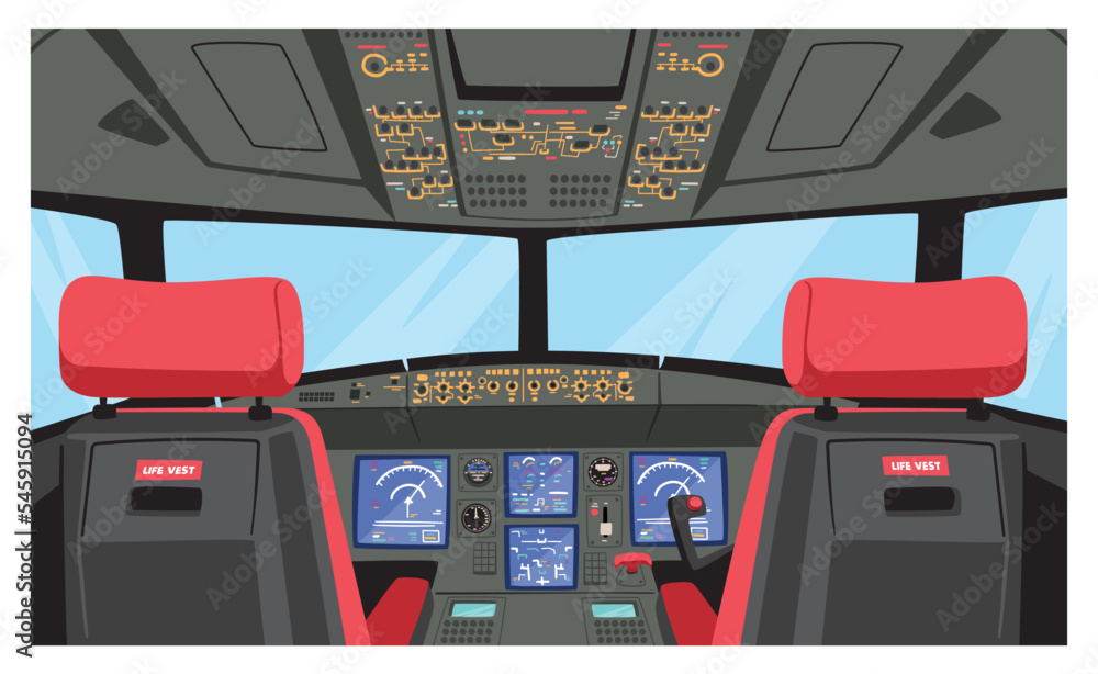 Pilot Cockpit, Captain Airplane Cabin with Dashboard, Chairs and Window ...
