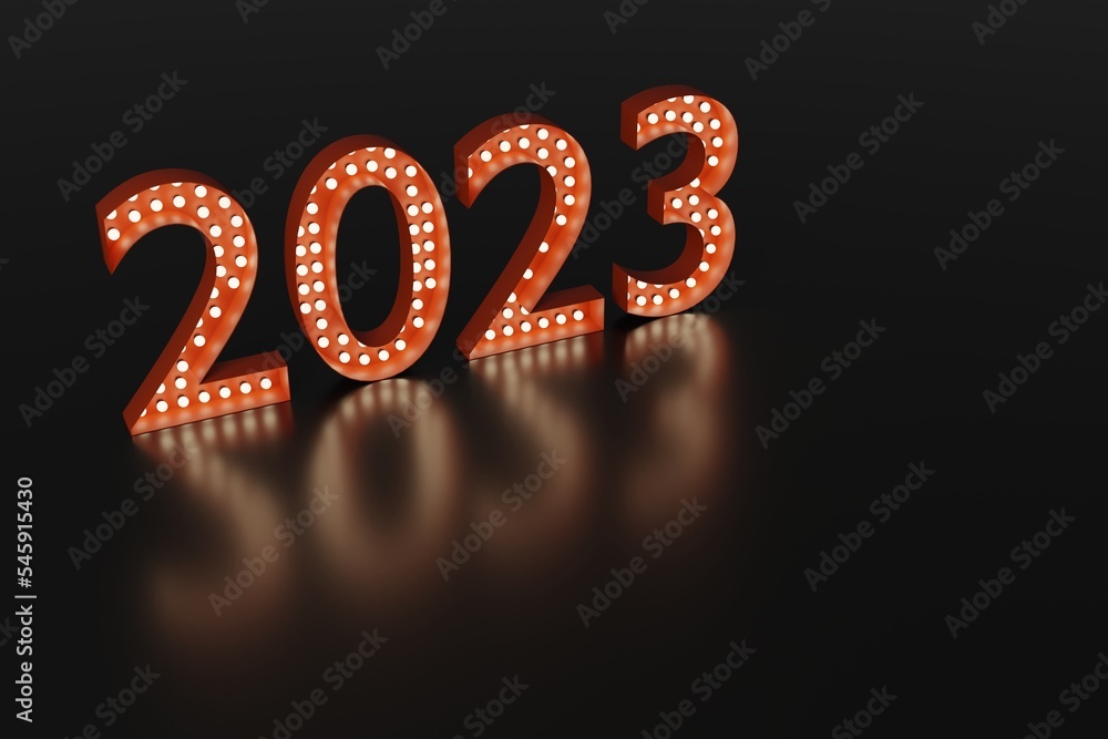2023 inscription of glowing bulbs on a dark background, orange sign ...