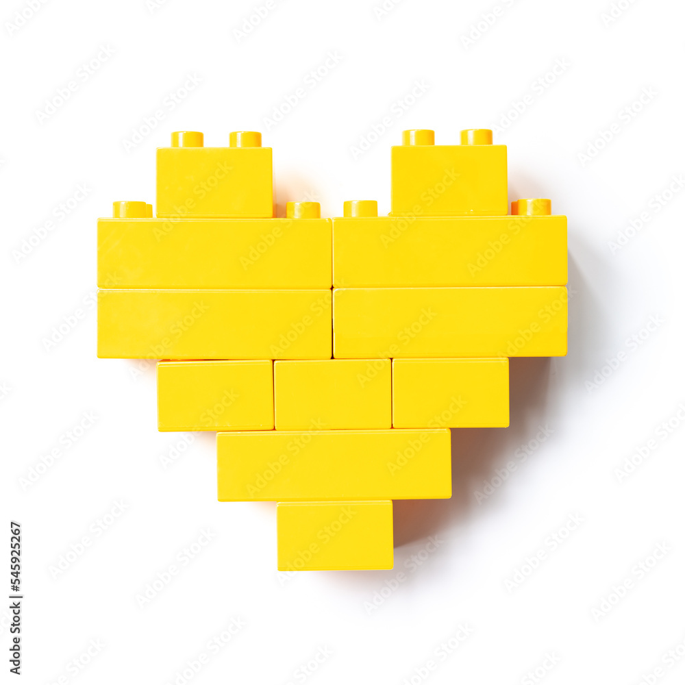 Yellow heart from Lego blocks isolated on white background, top view ...
