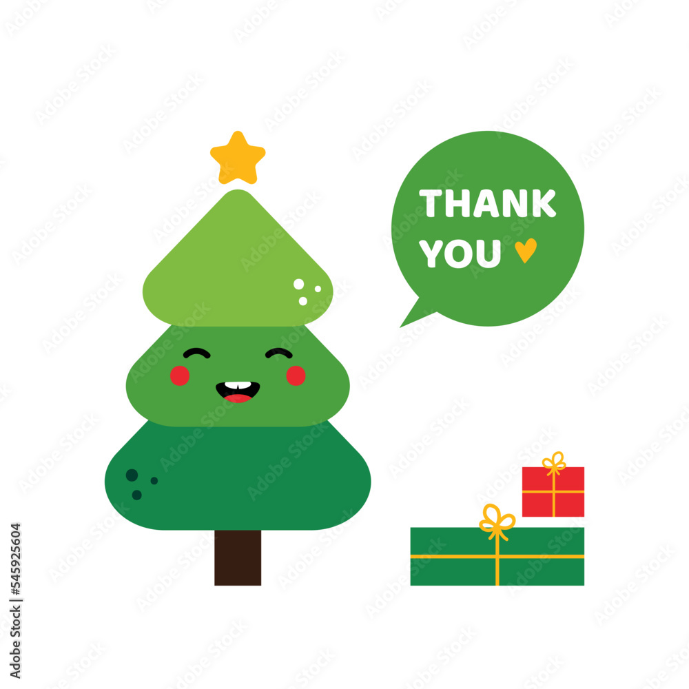 Cute smiling christmas trees character with gifts saying thank you ...