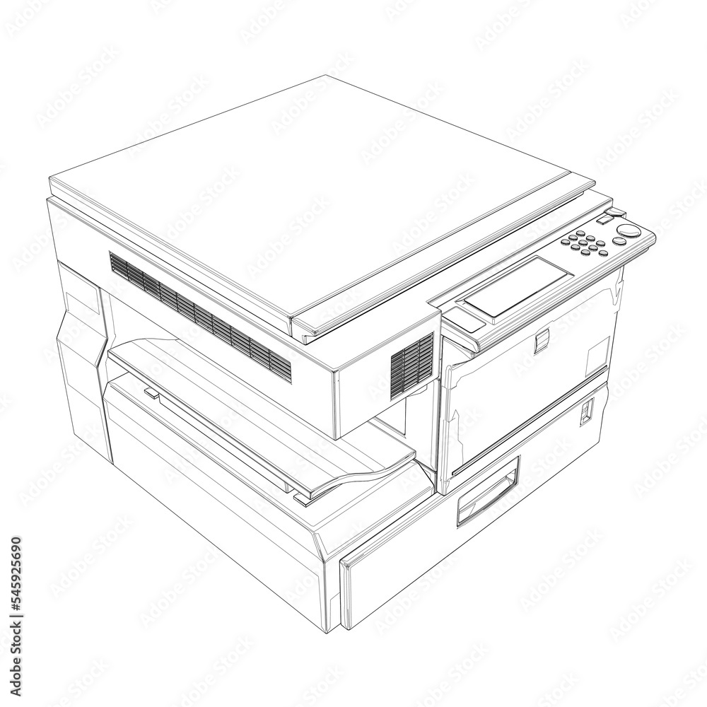 Outline Of An Office Copier From Black Lines Isolated On A White Background Isometric View 3d