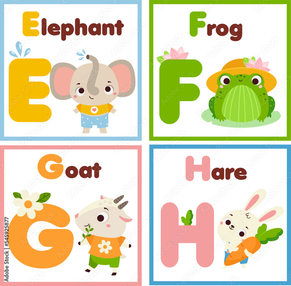 Kids Zoo english alphabet set. Children animals alphabet form letters E ...