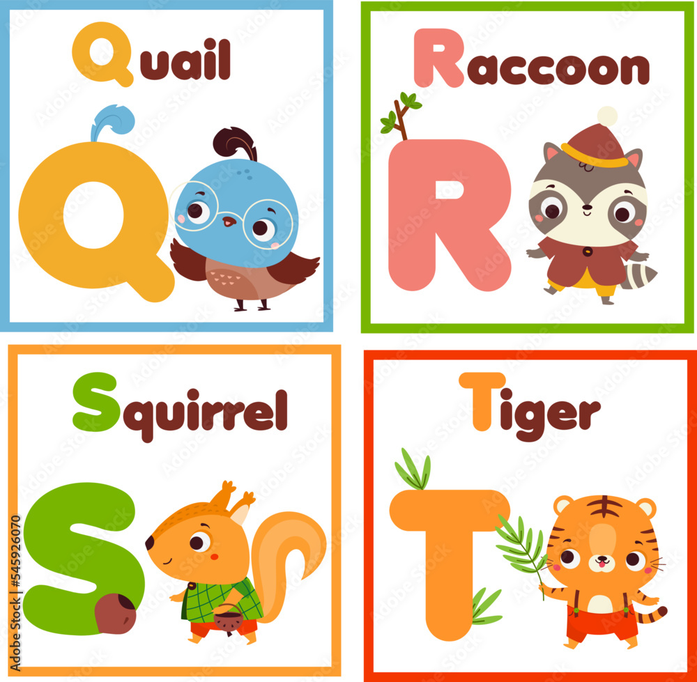 Kids Zoo english alphabet set. Children animals alphabet form letters Q ...