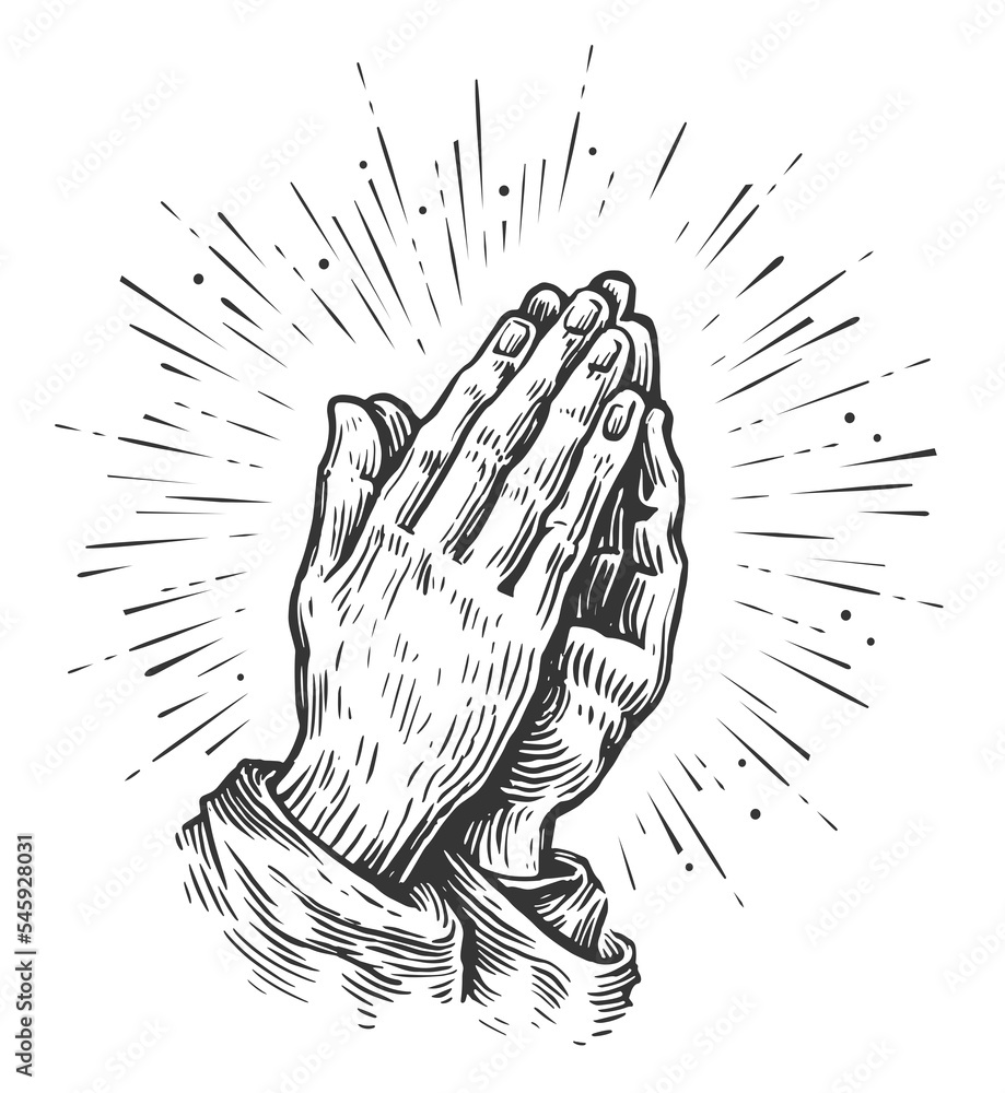 Praying Hands. Human hands folded in prayer in vintage engraving style ...