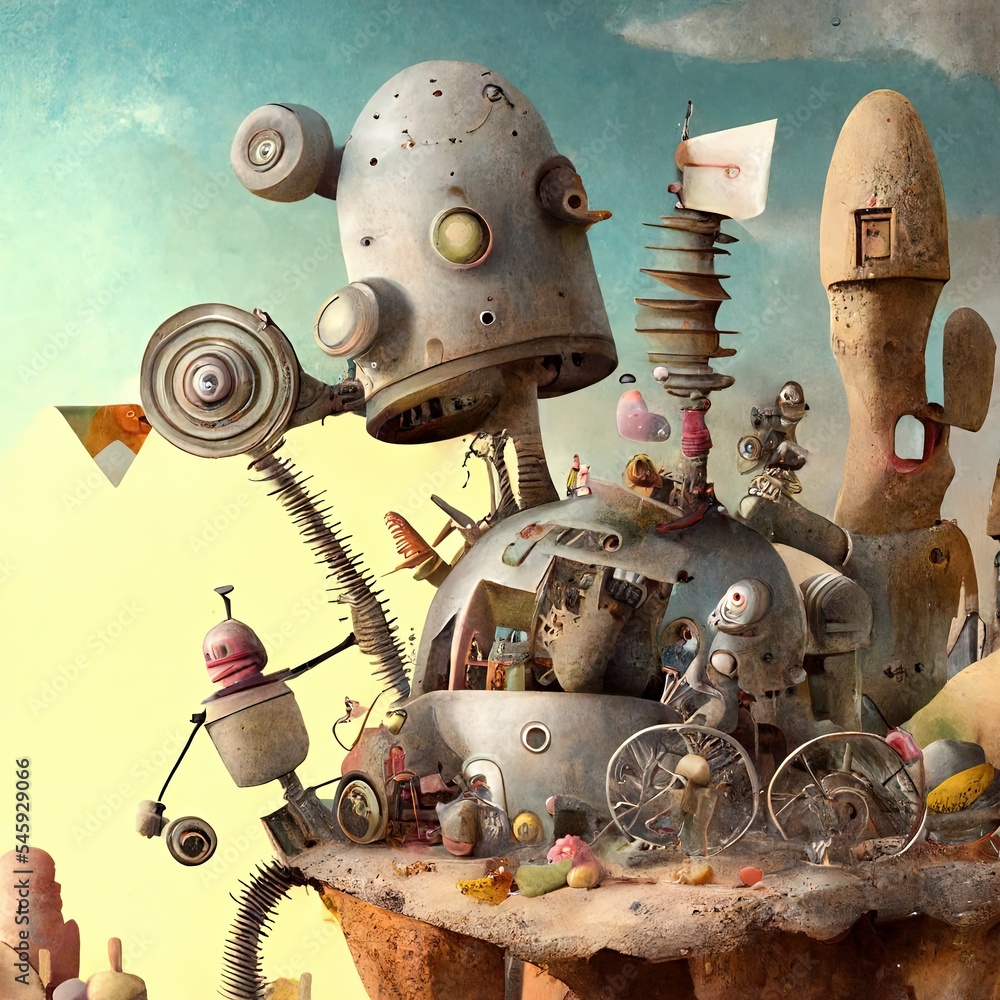 Robot world, machinarium, fantasy world with robots and intricate ...