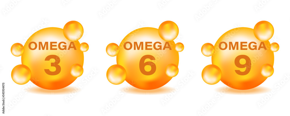 A set of golden drops of Omega icons . Polyunsaturated fats Omega-3 ...