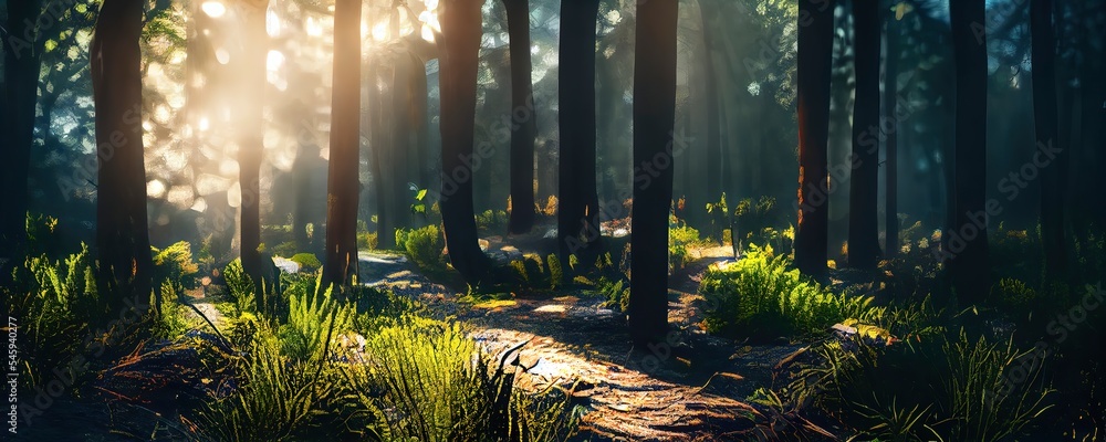 Dreamy summer background with a forest landscape. Trees during the ...