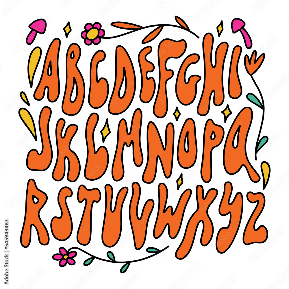 Hippie bohemian liquid groovy modern funky font alphabet 1960s with ...