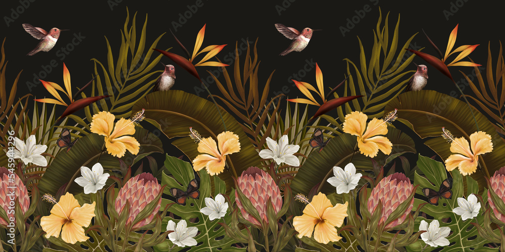 Vintage dark tropical background with protea, hibiscus flowers, leaves ...