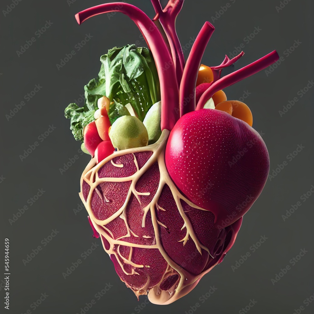 Anatomically correct heart as a sculpture of fruits vegan. Heart shape ...