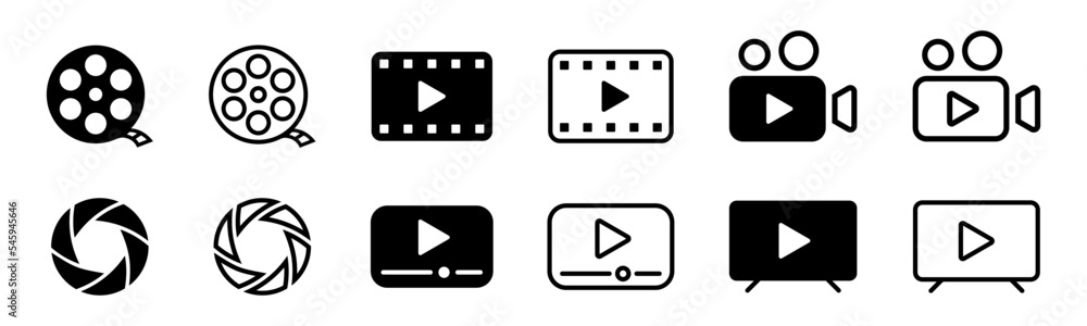 Cinema icons set. Cinema symbols set. Movie icons. Film Clapper, Camera ...