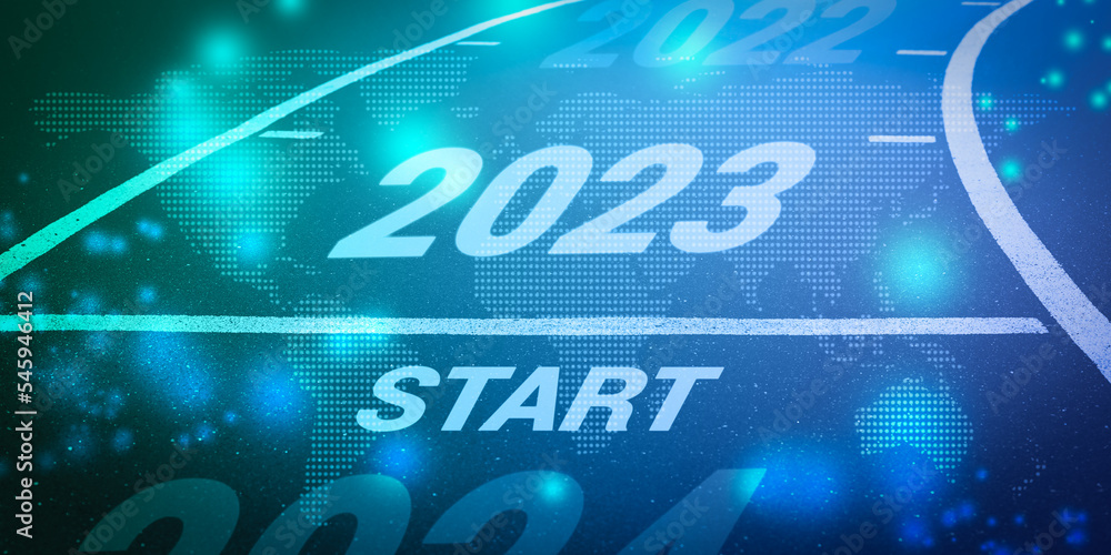 Start of the year 2023 on an abstract background with a treadmill and a ...