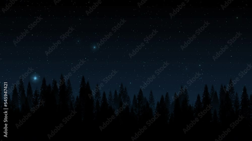 Moving starry night sky above trees in forest. Beautiful realistic ...